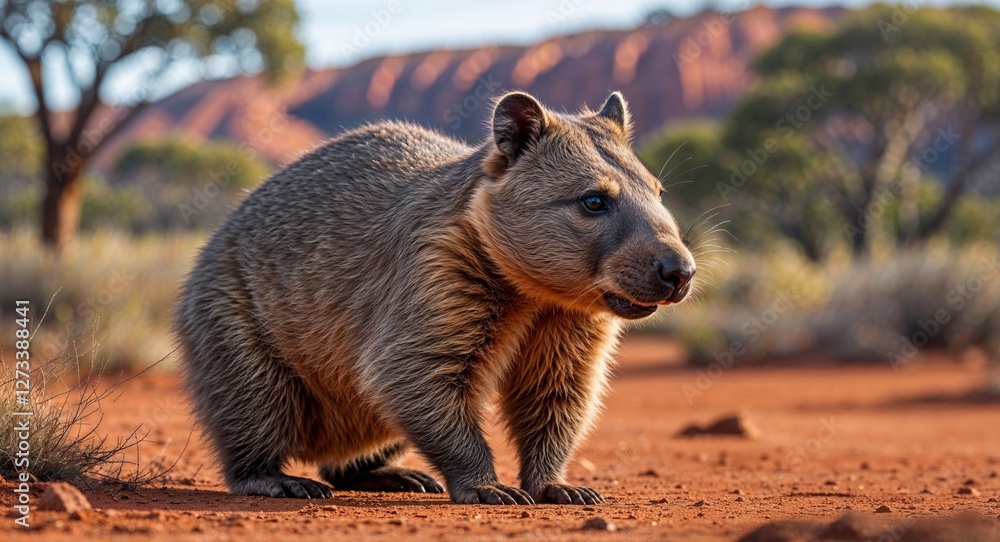 Wombat in Australian outback background side view portrait Stock ...