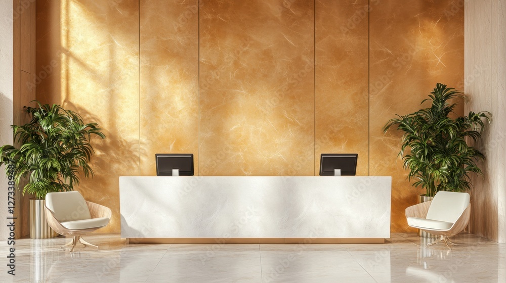 Contemporary front desk setup with digital signage and sleek, high-end ...