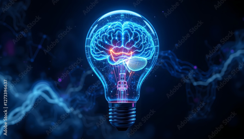 Glowing blue lightbulb with a brain-shaped circuit inside, representing artificial intelligence ...