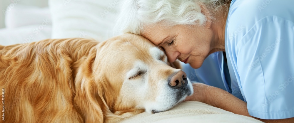 Female doctor embraces and kisses elderly golden retriever in a caring ...