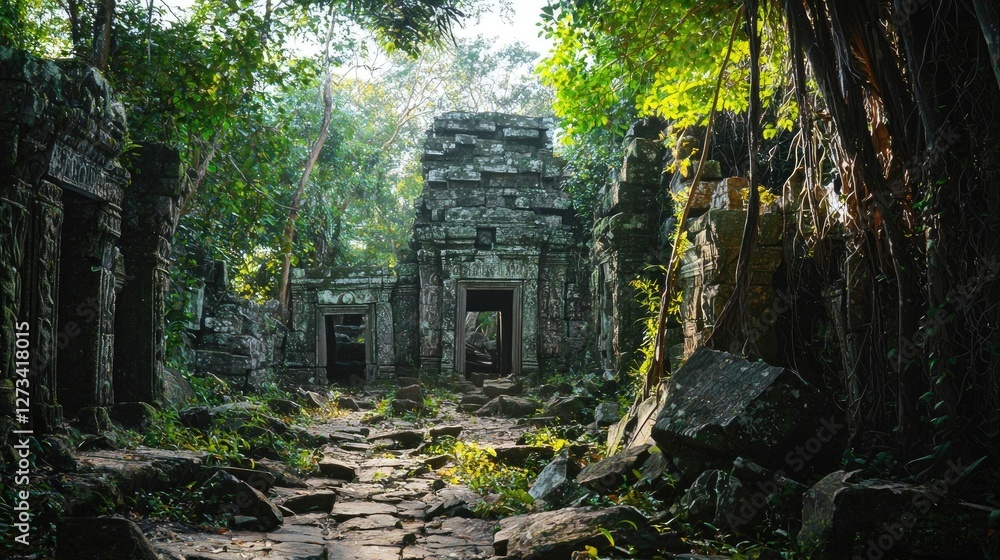Foto de Stock Ancient ruins overgrown with dense jungle vegetation stand as a reminder of a lost ...