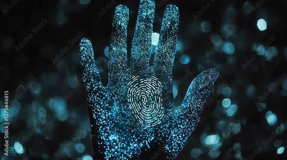 Holographic handprint scanner securing private data, encryption symbols ...