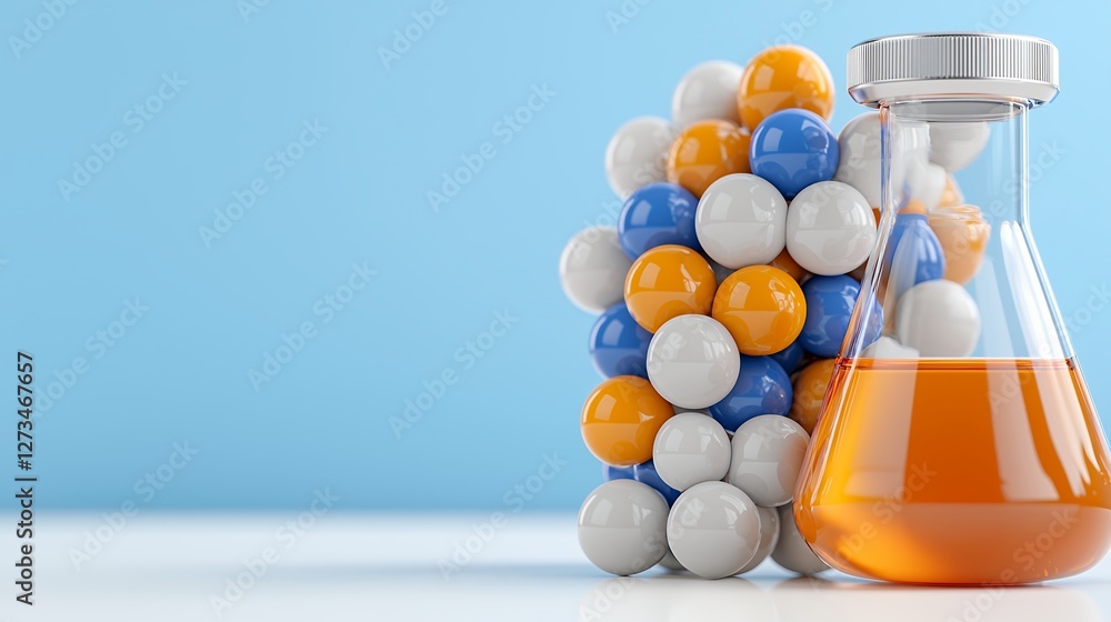 Laboratory Flask with Orange Liquid and Model Molecule Structure ...