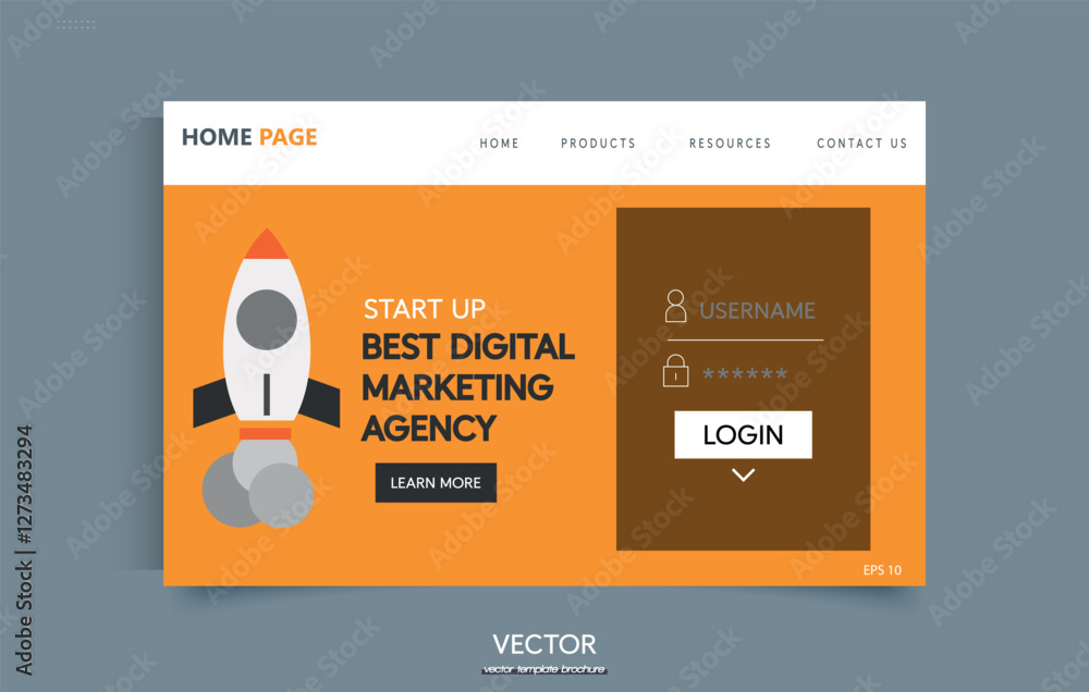 Creative landing page for a digital marketing startup. Minimalistic web design with rocket and ...