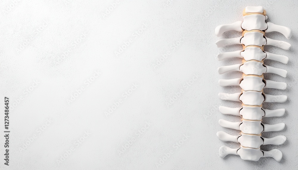 Anatomical model of a human spine displayed against a neutral ...