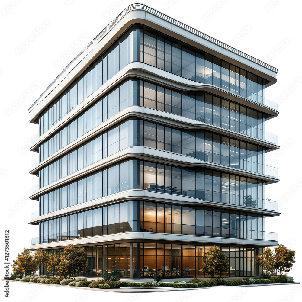 3D modern high-rise office building with clean architectural design isolated on transparent ...