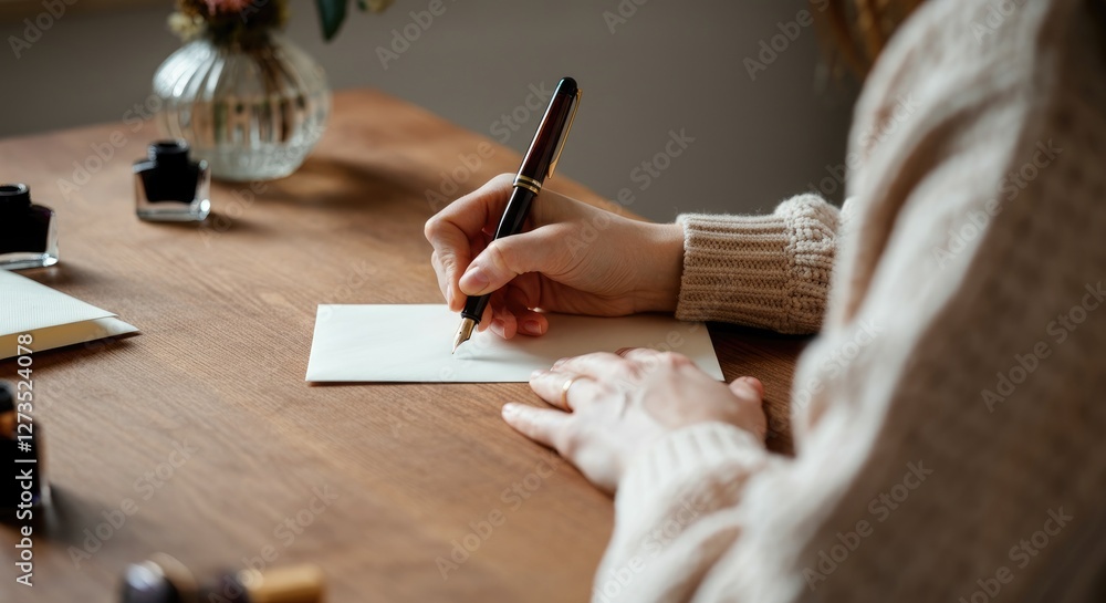 Woman writing letter at wooden desk Stock Illustration | Adobe Stock