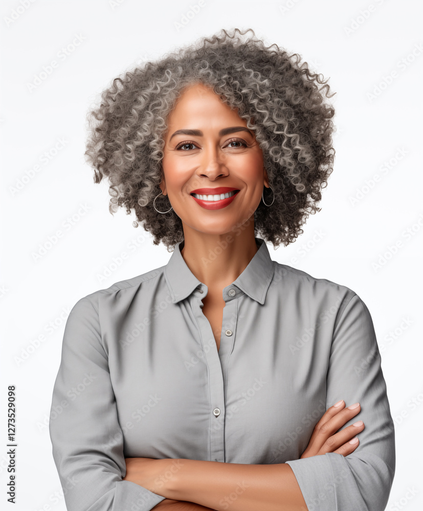 Beautiful mature black woman on her 50s smiling confidently in a light ...