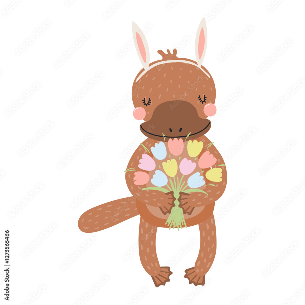 Cute platypus with Easter bunny ears, holding tulip flowers character ...