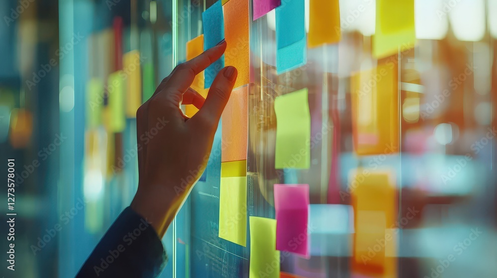 Hand on sticky notes on glass board, symbolizing planning and ...