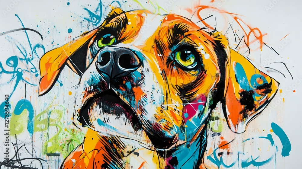 Vibrant and colorful portrait of a dog featuring bold brush strokes and ...