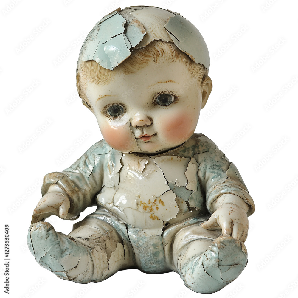 A broken antique porcelain baby doll with a cracked face and body ...