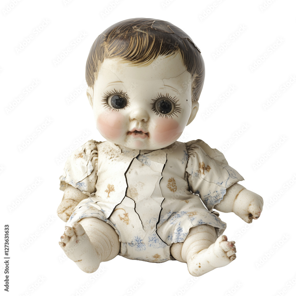 A broken antique porcelain baby doll with a cracked face and body ...