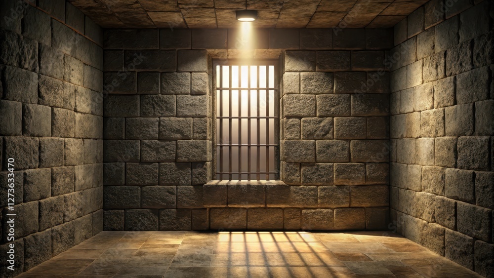 Dark medieval dungeon cell with a single barred window, shadows, dark ...