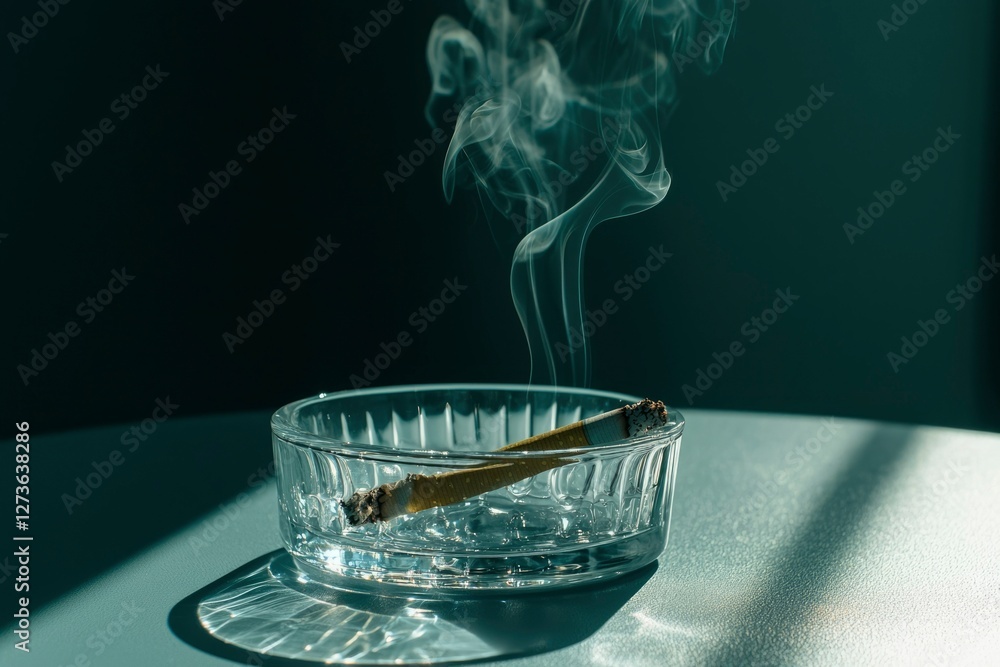 Cigarette smokes in glass ashtray; tobacco burning on table against ...