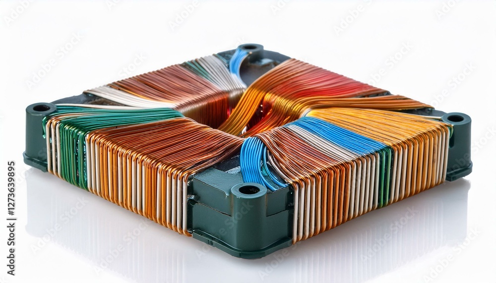 toroidal transformer with colored wire on ferrite core isolated on ...