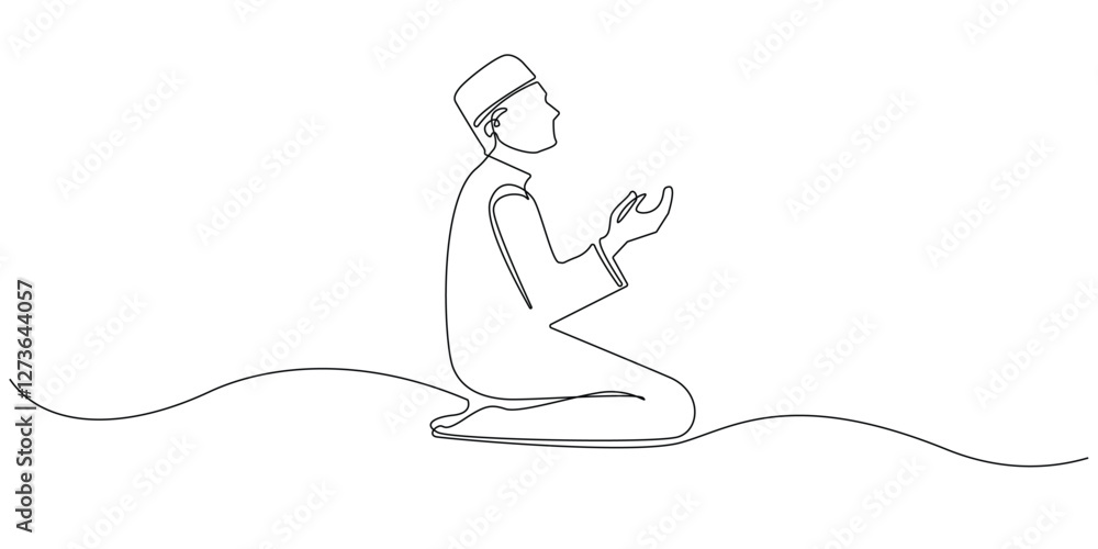 one continuous line of islamic man praying.one line drawing of muslim ...