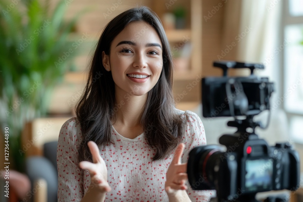 Female Influencer Live Streaming in Home Studio Stock Photo | Adobe Stock