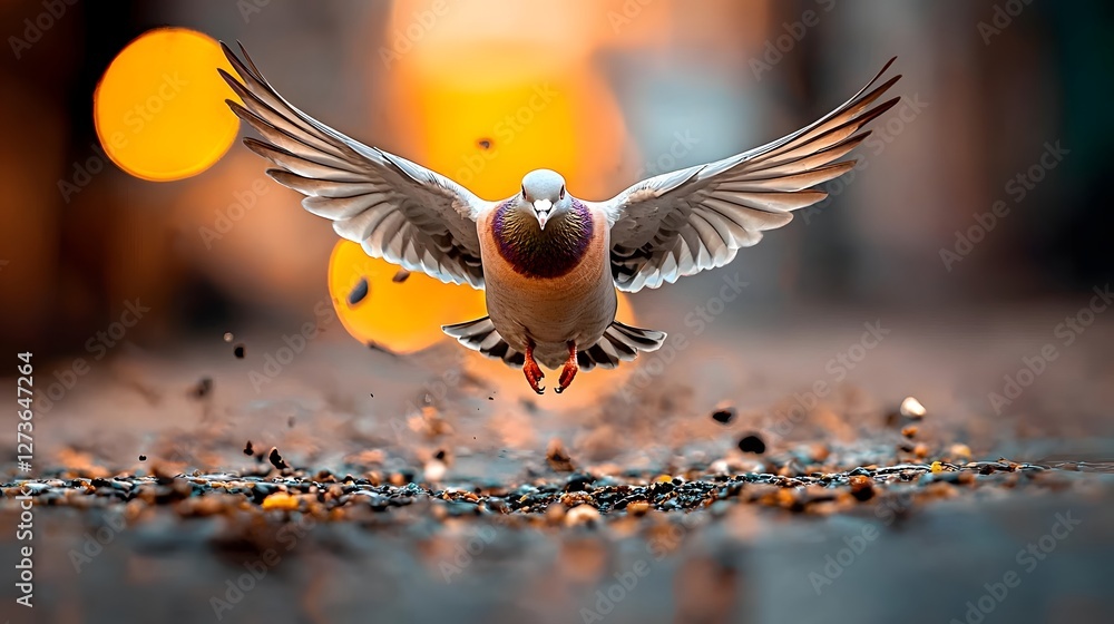 Ground level perspective of a pigeon taking off from the pavement in an ...