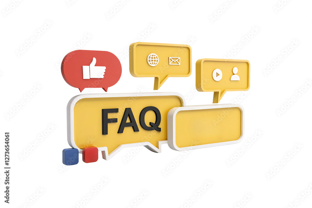 A bold FAQ speech bubble in yellow, surrounded by social media icons ...
