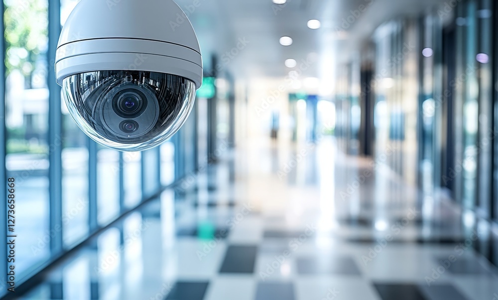 Surveillance camera monitors activity in modern hallway of a commercial ...
