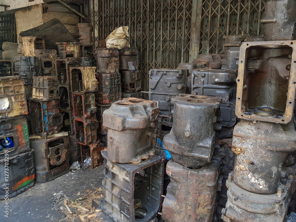 Weathered automotive components piling up in thai junkyard, metal ...