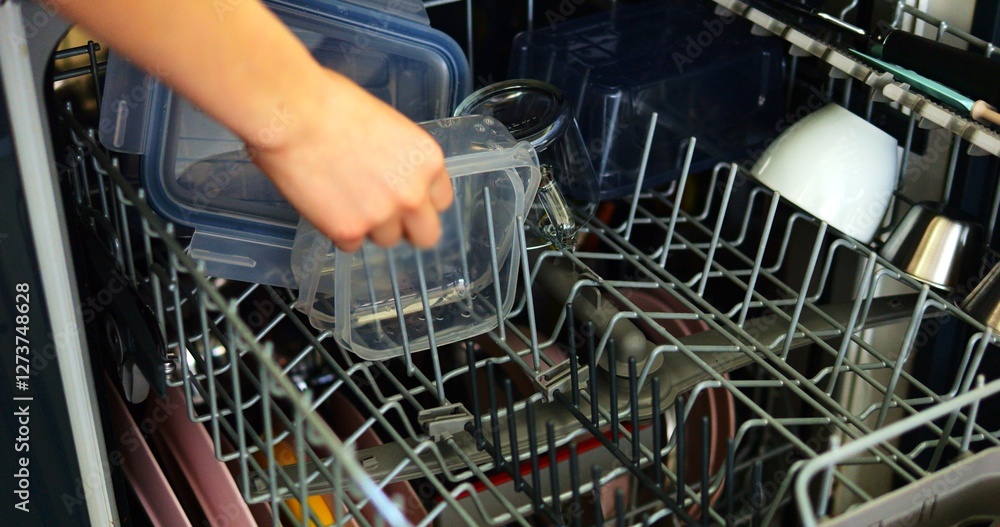 Housewife takes wet container out of open dishwashing machine at home ...