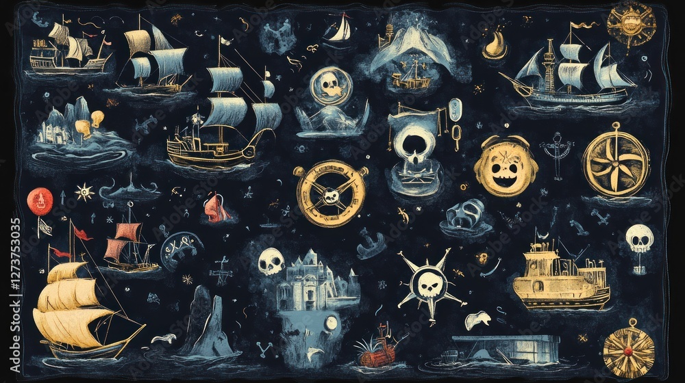An Illustrated Nautical Chart: A Whimsical Voyage of Ships, Skulls, and ...
