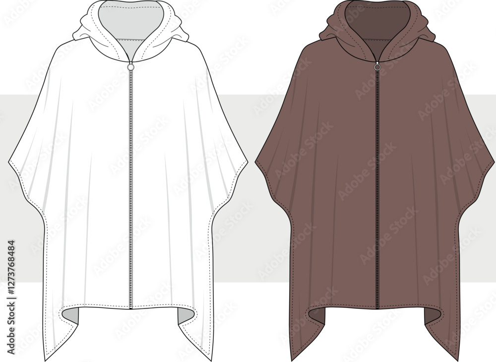 women's and kids hooded poncho with zipper, fashion flat sketch vector ...
