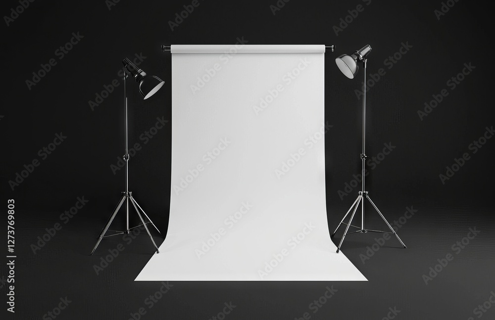 Soft box flash lighting equipment and a blank paper backdrop are used ...