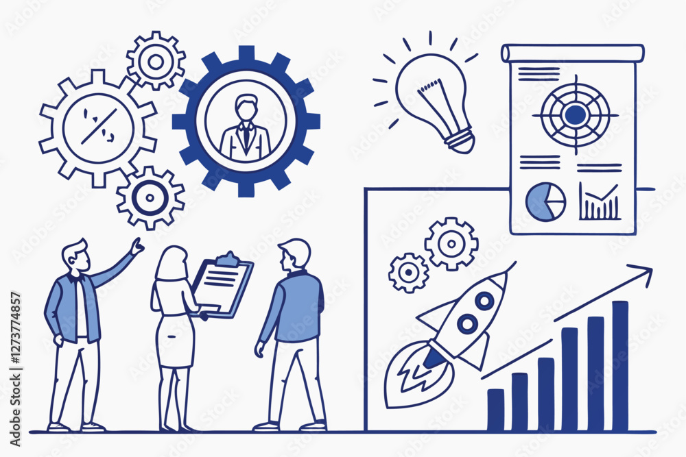 Business icons, management infographic, blue and white color scheme ...