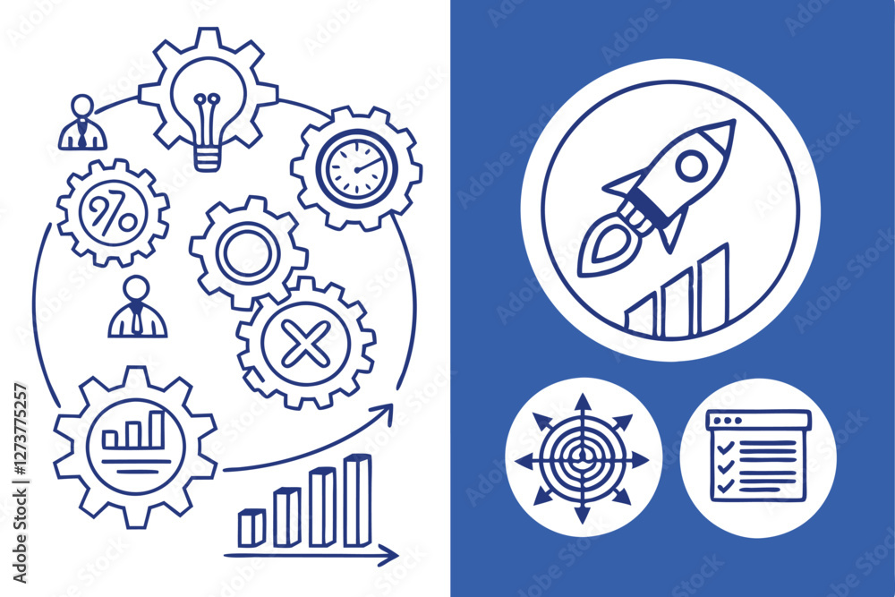 Business icons, management infographic, blue and white color scheme, line art, team ...