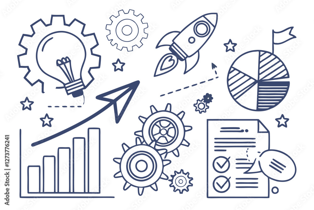Business icons, management infographic, blue and white color scheme, line art, team ...