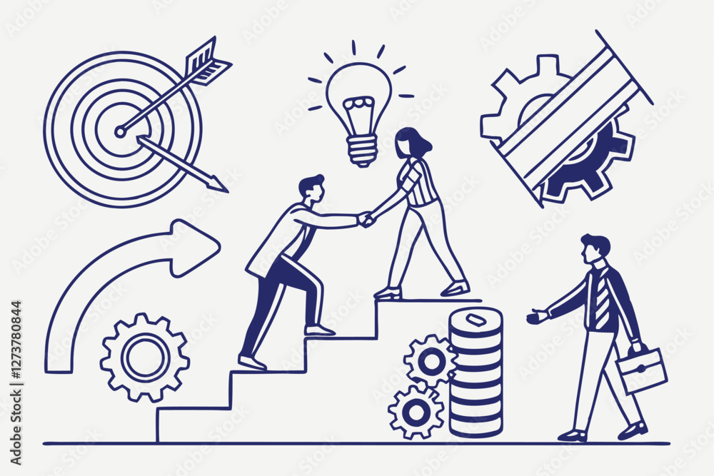 4 Business icons, linear style, blue and white, teamwork concepts, management symbols ...