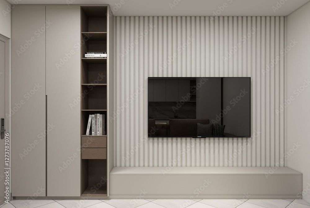 Ilustración de Stock A modern TV wall unit with vertical paneling ...