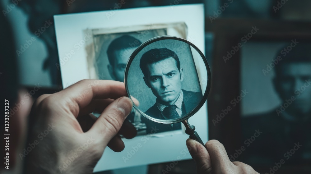 Detective analyzing a photograph of a suspect with a magnifying glass ...