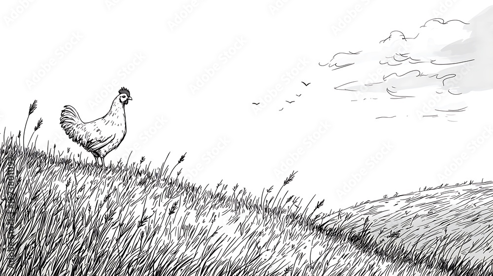 Pen and ink drawing, a single chicken standing proudly in a grassy ...