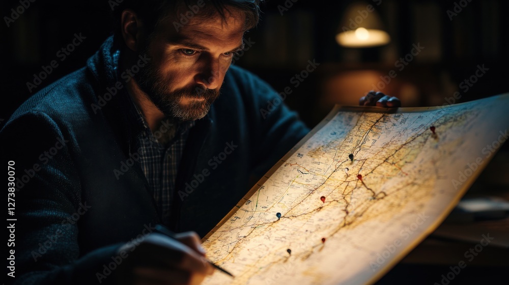 Detective reviewing a map with marked locations of interest. Featuring ...