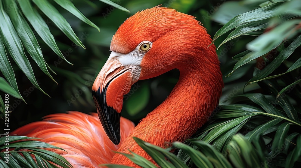 Graceful flamingo bird with long bill standing tall amongst tropical ...