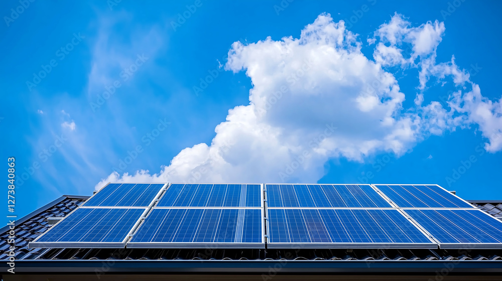single solar panel installed on a suburban rooftop blue sky with white ...