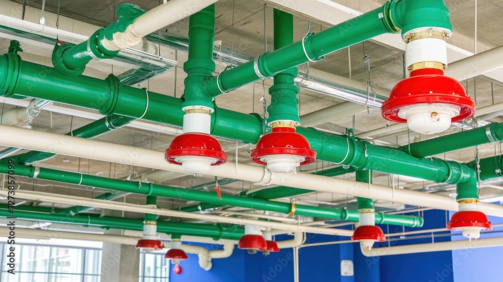 Overhead Green Fire Sprinkler Pipes with Red Heads and White Accents in ...