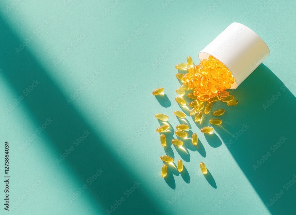 Top view of yellow fish oil softgels spilling out from a clear bottle ...