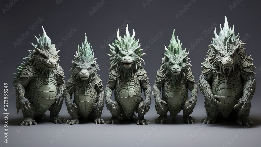 Four fantasy creatures with unique designs and textures Stock Photo ...