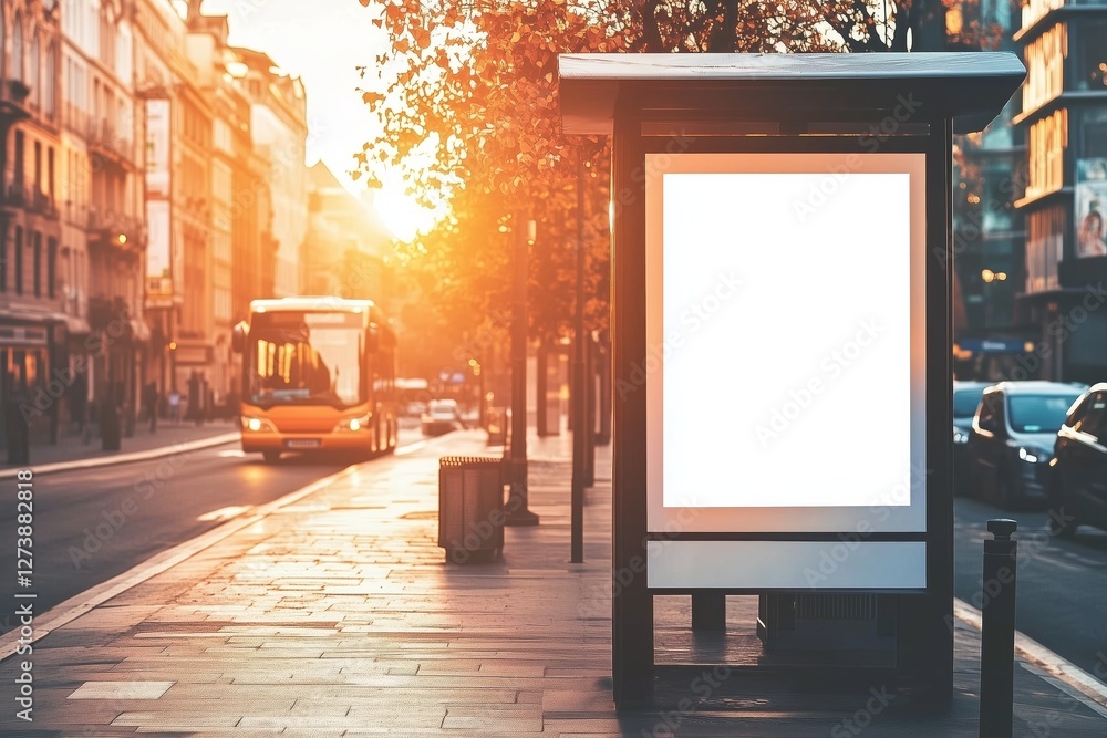 Blank bus stop advertising mockup in urban setting with sunset glow ...
