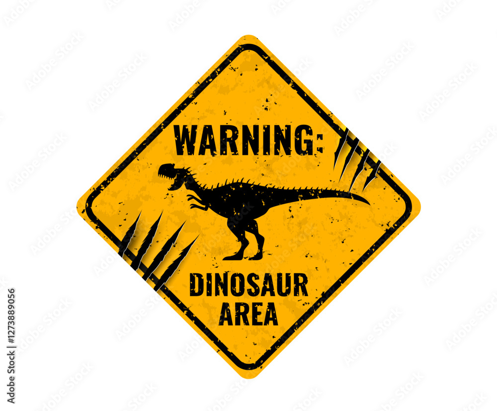 Dinosaur warning sign with claw scratch marks. Dangerous prehistoric ...