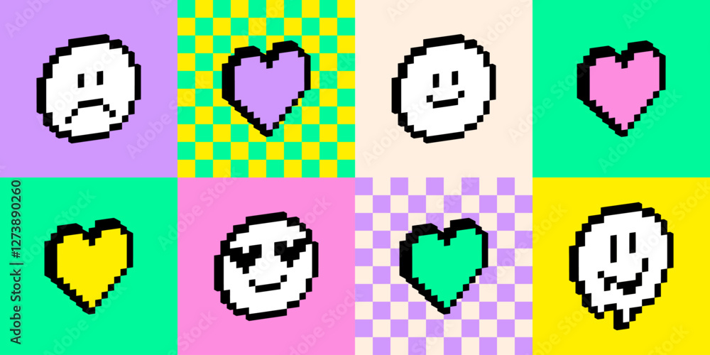 3D emoji pixel icons. Various funny faces. Y2k emoticon stickers ...