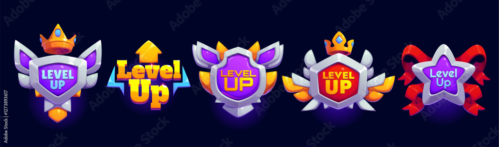 Level up game achievement rank and rate icons featuring metal shields ...