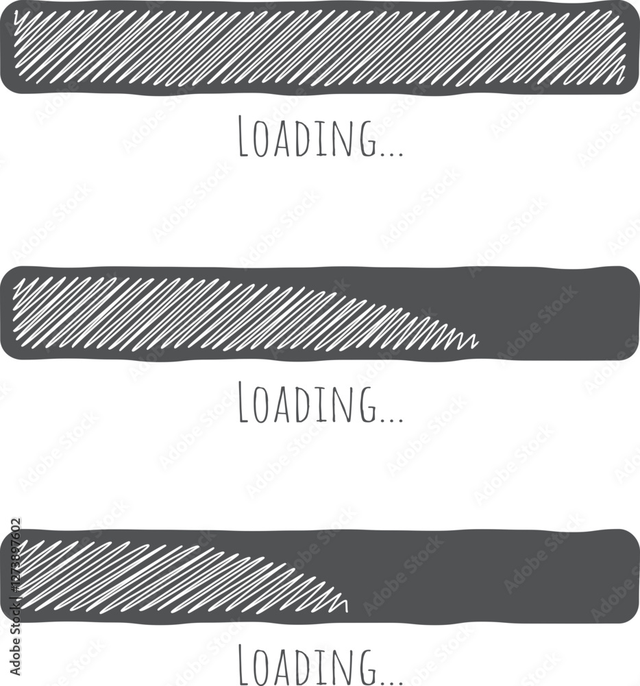 Handdrawn sketch style loading bars in three stages of completion ...