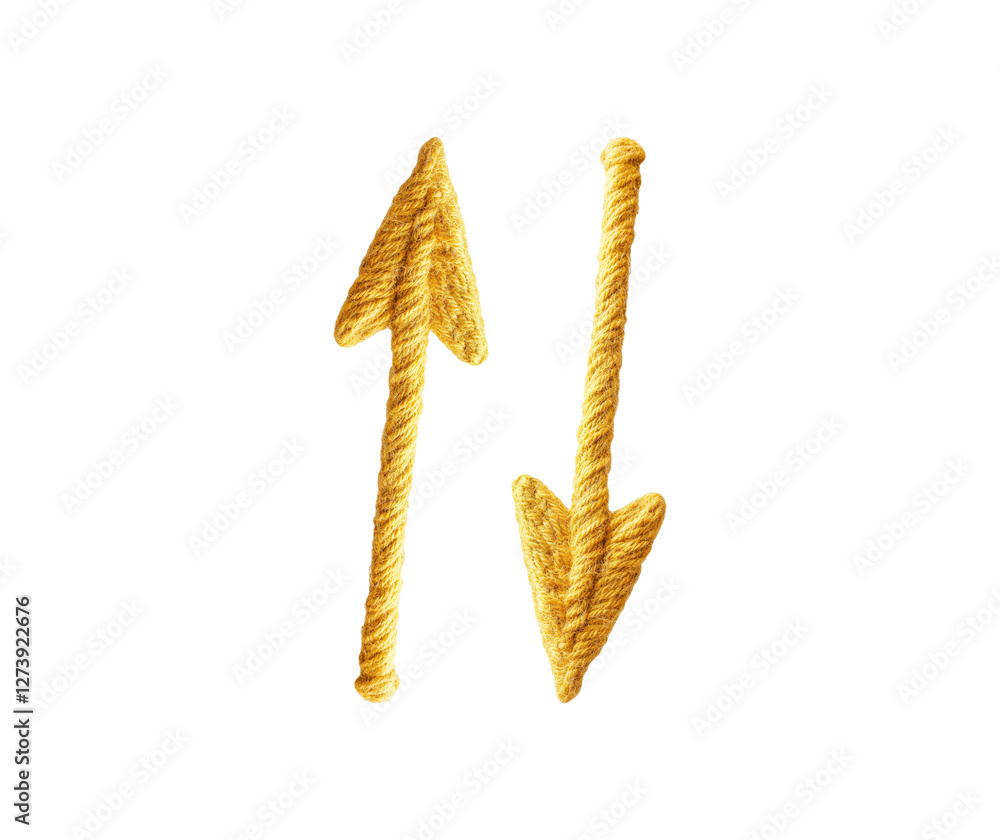 Woolen yellow arrows pointing up and down, blank background, isolated on transparent background ...