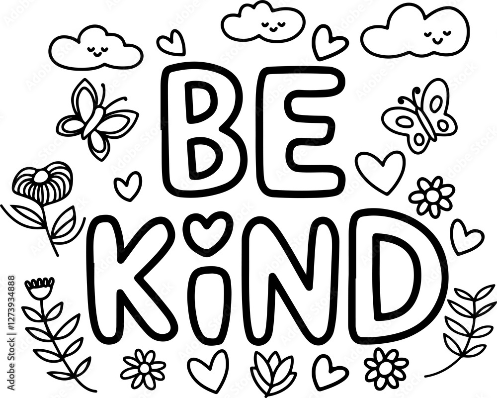 Coloring page of positive affirmations "Be Kind" with butterfly, leaf ...